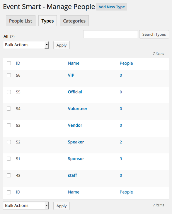 People Type List Table - Event Smart